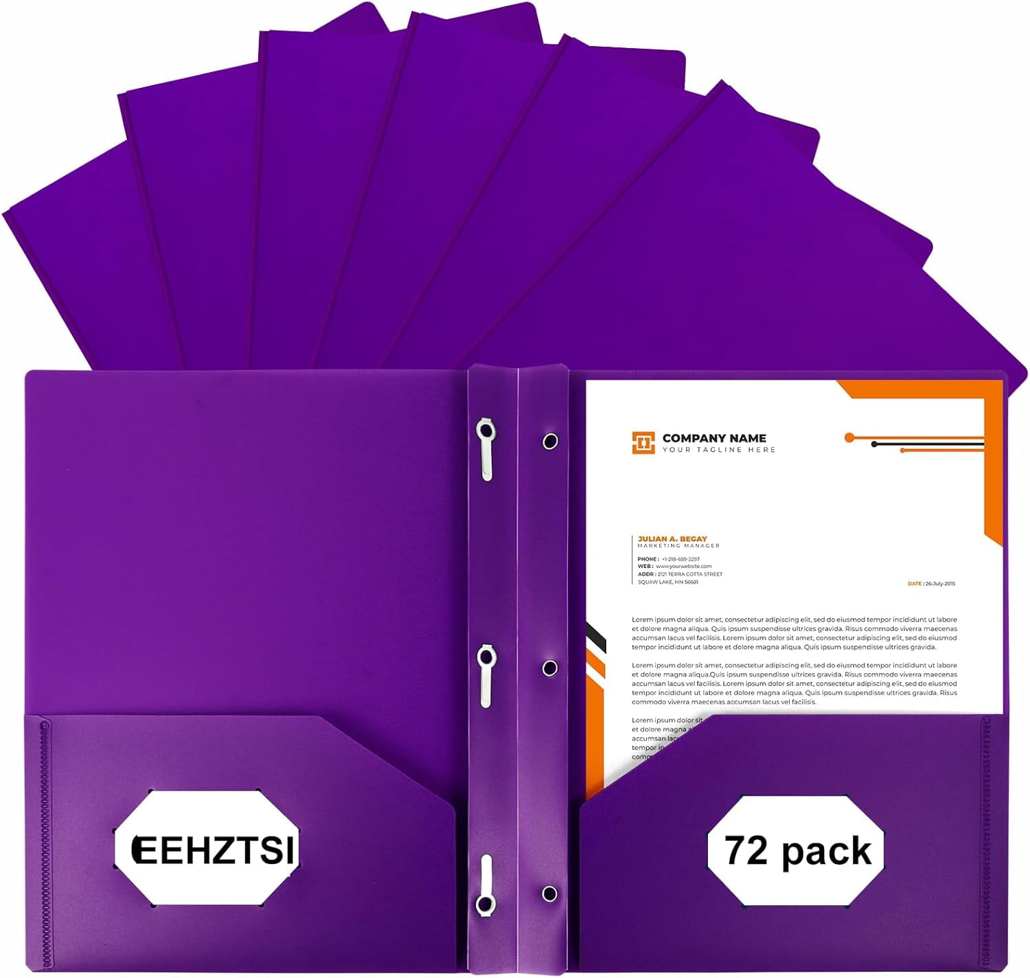 72-Pack Purple Plastic 2-Pocket Folders with 3 Prongs for 8-1/2" x 11 ...