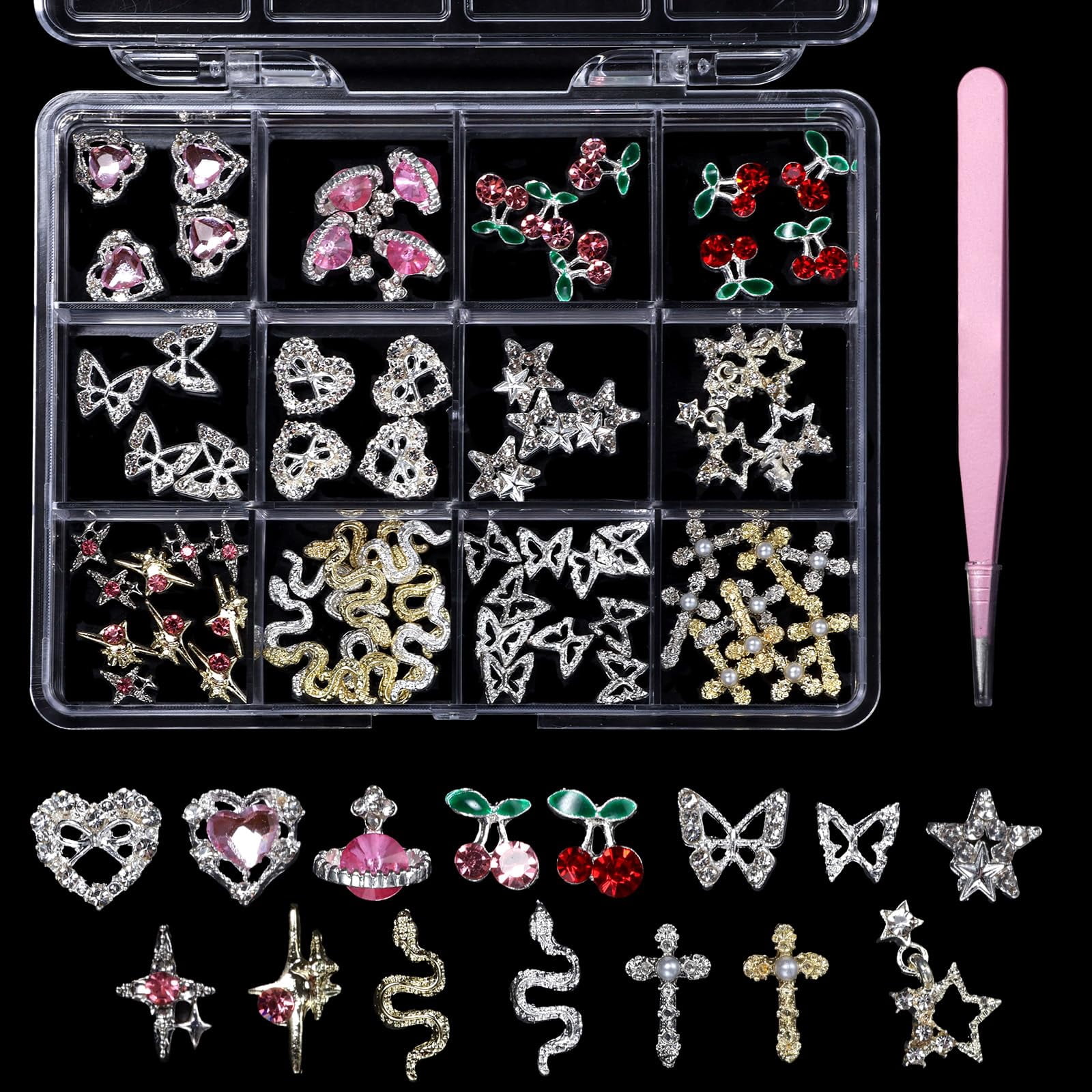 72 Pcs 3D Nail Rhinestones Charms Diamonds Metal Nail Jewelry Cherry ...