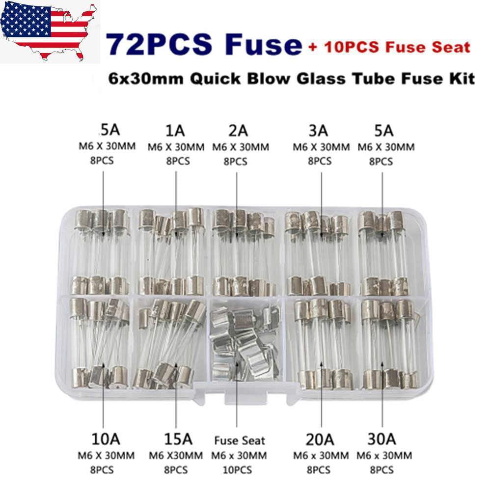 72 Pcs AGC Auto Glass Fuse 0.5A to 30A ( 6mm X 30mm) Kit (9)Assorted ...