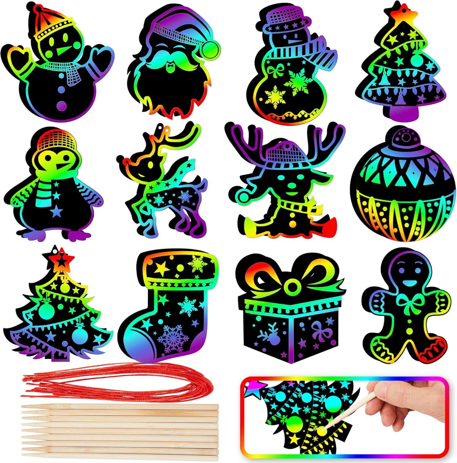 72 Pcs Christmas Scratch Art Ornaments, Rainbow Color Scratch Paper ...