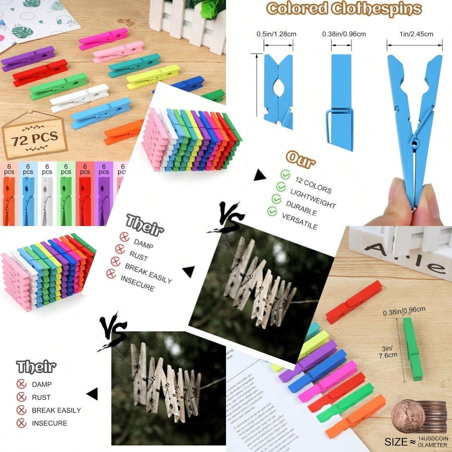 72 Pcs Colorful Wooden Clothes Pins 2.9 Inch 12 Colors Clothes Pins for ...