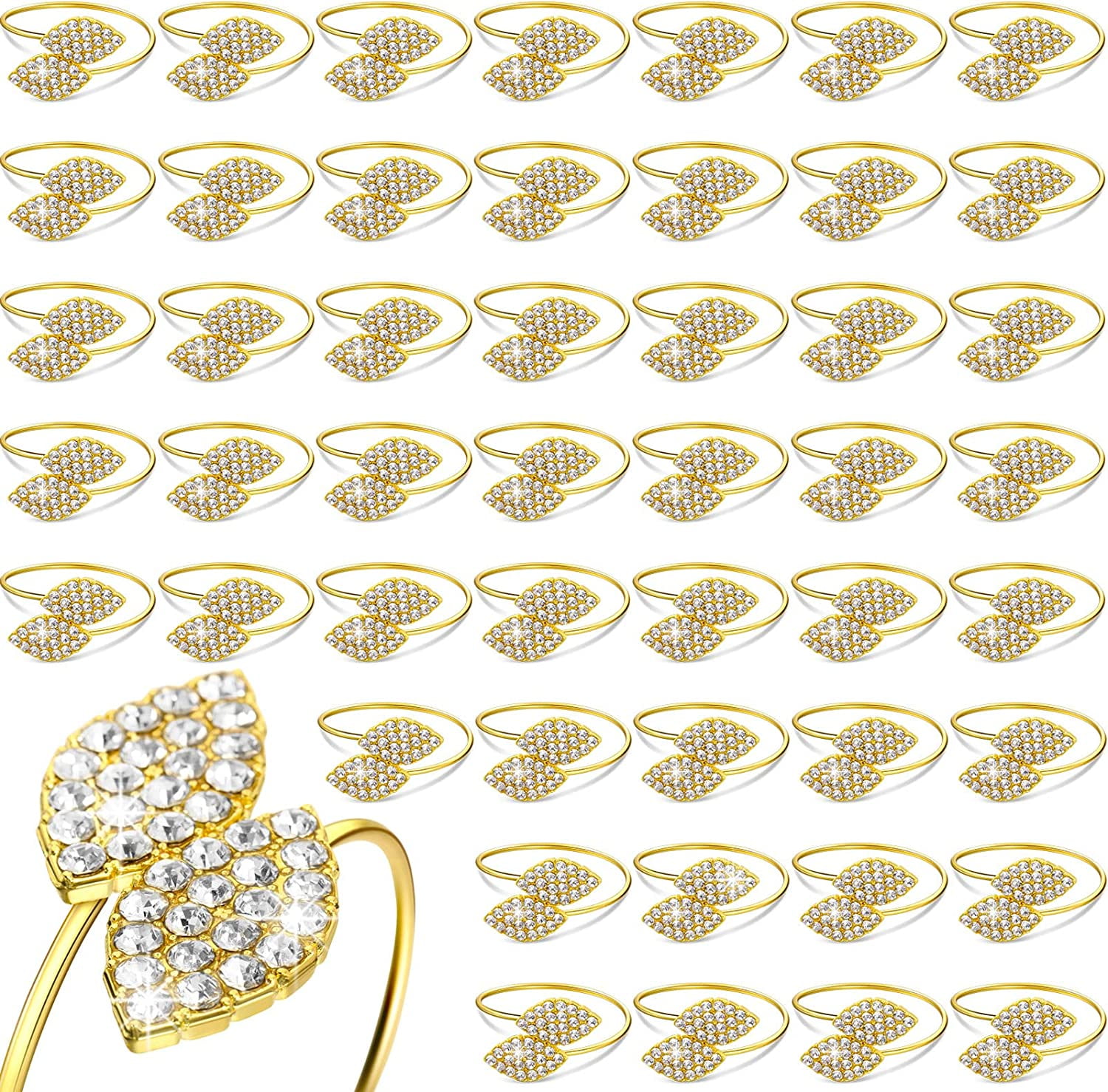 72 Pcs Gold Napkin Rings Set Bling Napkin Rings Metal Leaves Rhinestone Guest Towels Buckle for ...