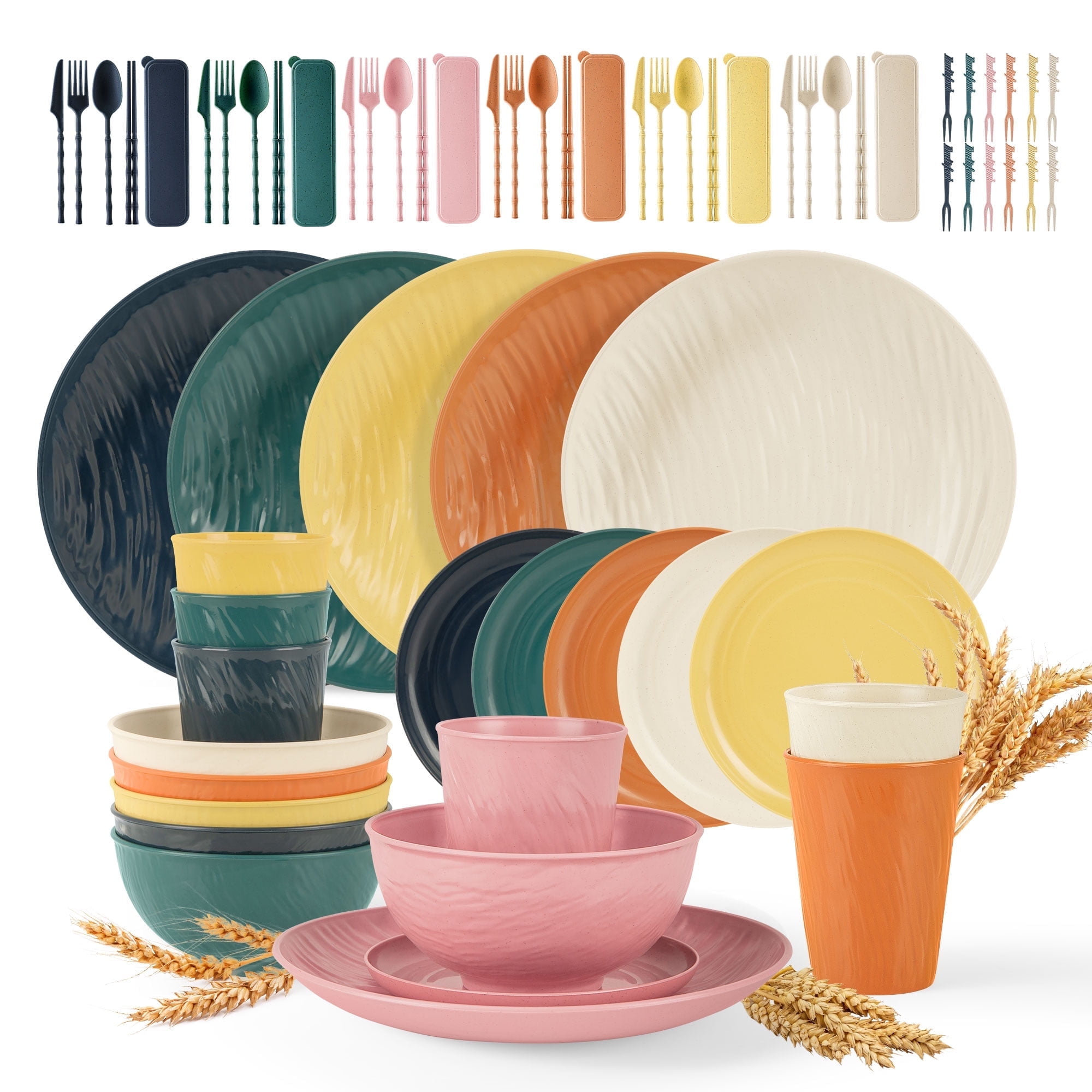 GPED 72 Pcs Imitation Rock Texture Wheat Straw Dinnerware Sets For 6 ...