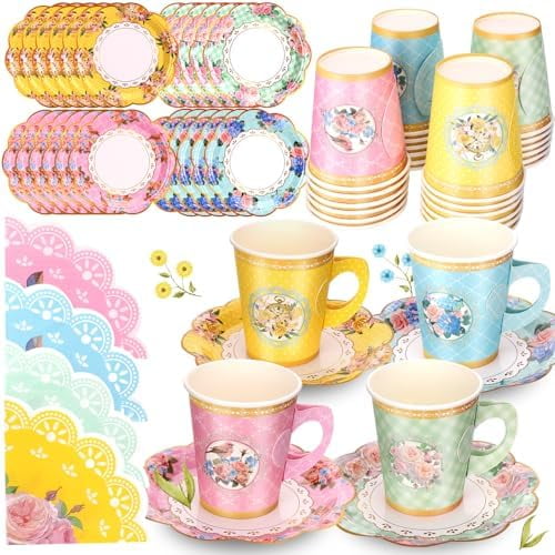 72 Pcs Paper Floral Disposable Tea Cups Saucer Set, 9 OZ Vintage Tea ...