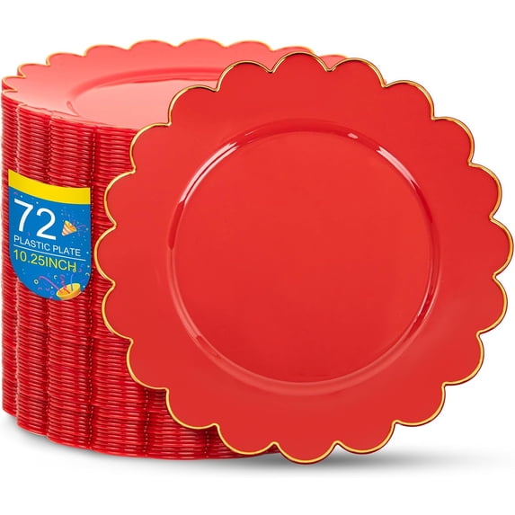72 Pcs Red Plates Disposable, Red Plastic Plates With Gold Trim, 10.25 ...