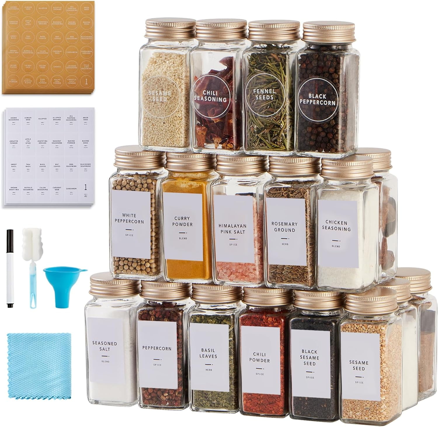72 Pcs Spice Jars with Label- Glass Spice Jars with Gold Metal Caps ...