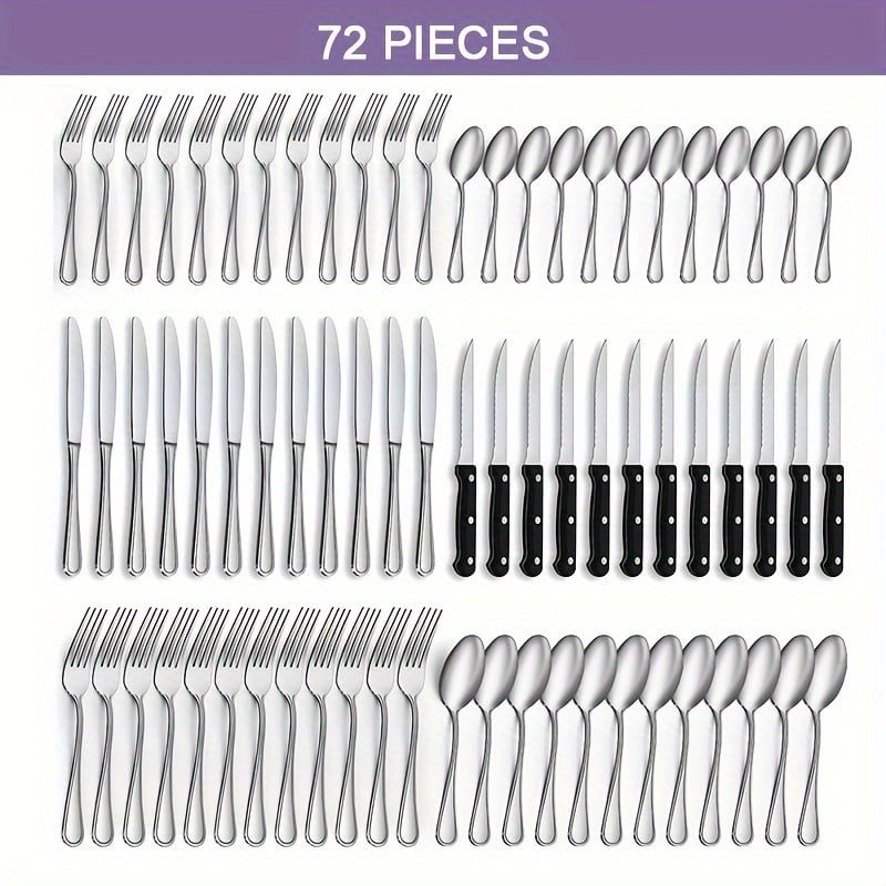 72-Piece Premium Stainless Steel Silverware Set - Durable Cutlery with ...
