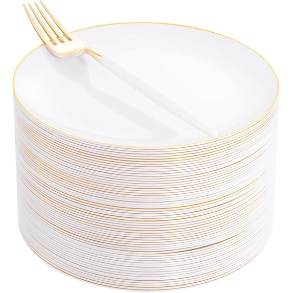 72-Piece White Plastic Dessert Plate and Fork Set with Gold Rims, 7.5 ...