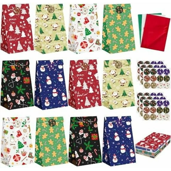 72 Pieces 9.4 x 5 x 3 Inches Christmas Goody Paper Bags 6 Design Treat ...
