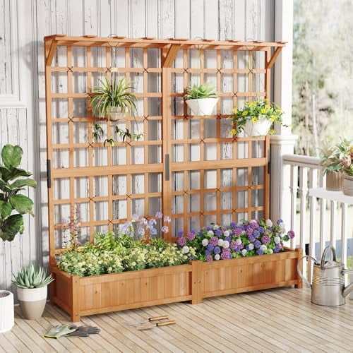 72" Raised Garden Bed with Lattice Trellis, Hanging Roof & Drainage ...