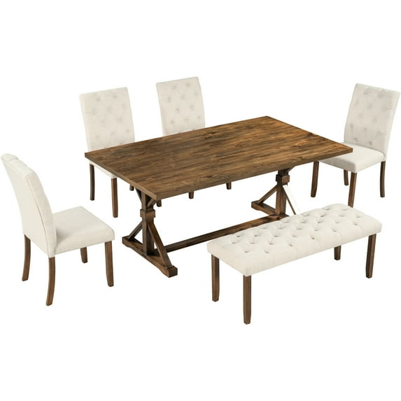 72" Rectangular Solid Wood Dining Table 6 With 4 Chairs & Bench, Walnut ...