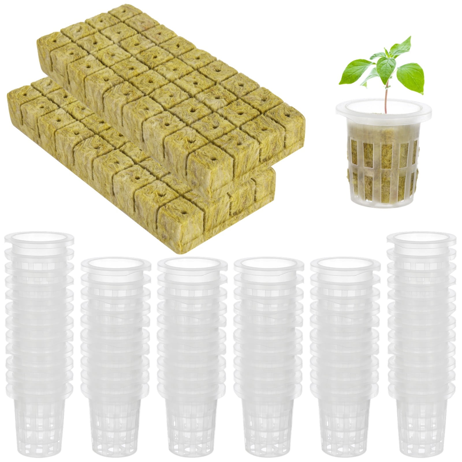 72 Rockwool Cubes & Net Pots Set, Hydroponic Kit, Stonewool Plugs with ...
