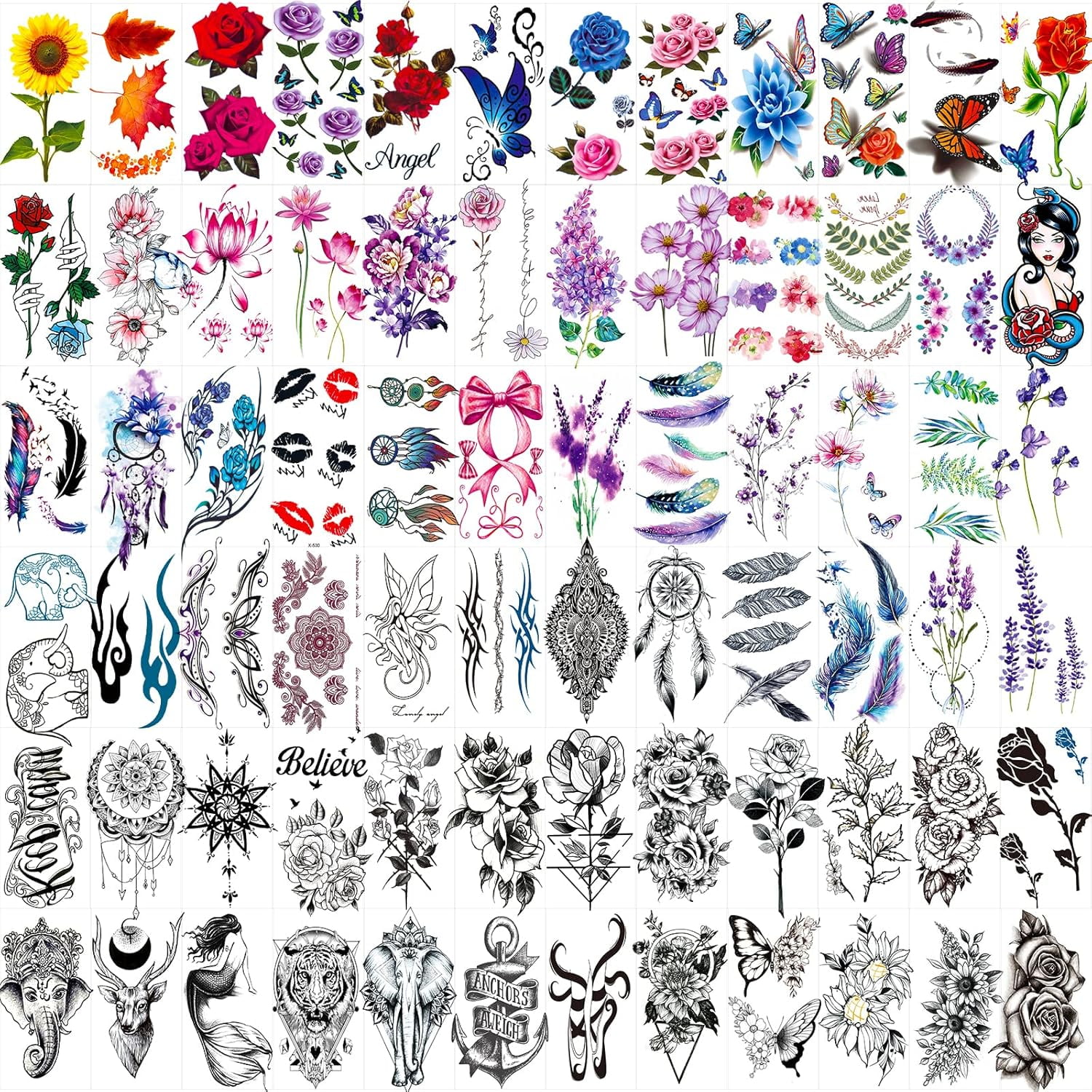 72 Sheets Temporary Tattoos for Women and Girls, Flower / Butterfly ...
