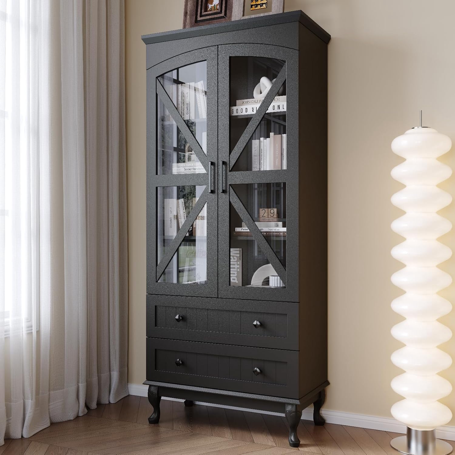 72" Tall Bookcase with Glass Doors, Farmhouse 3-Tier Book Shelf with 2 ...