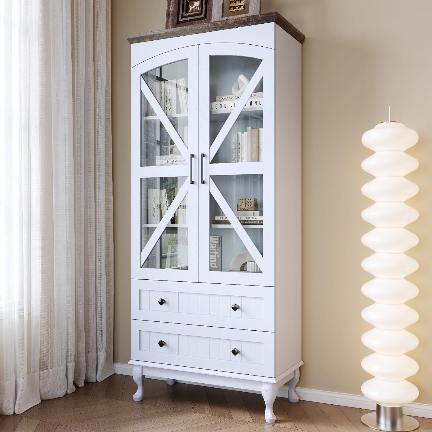 72" Tall Bookcase with Glass Doors, Farmhouse 3 Tier Book Shelf with 2 ...