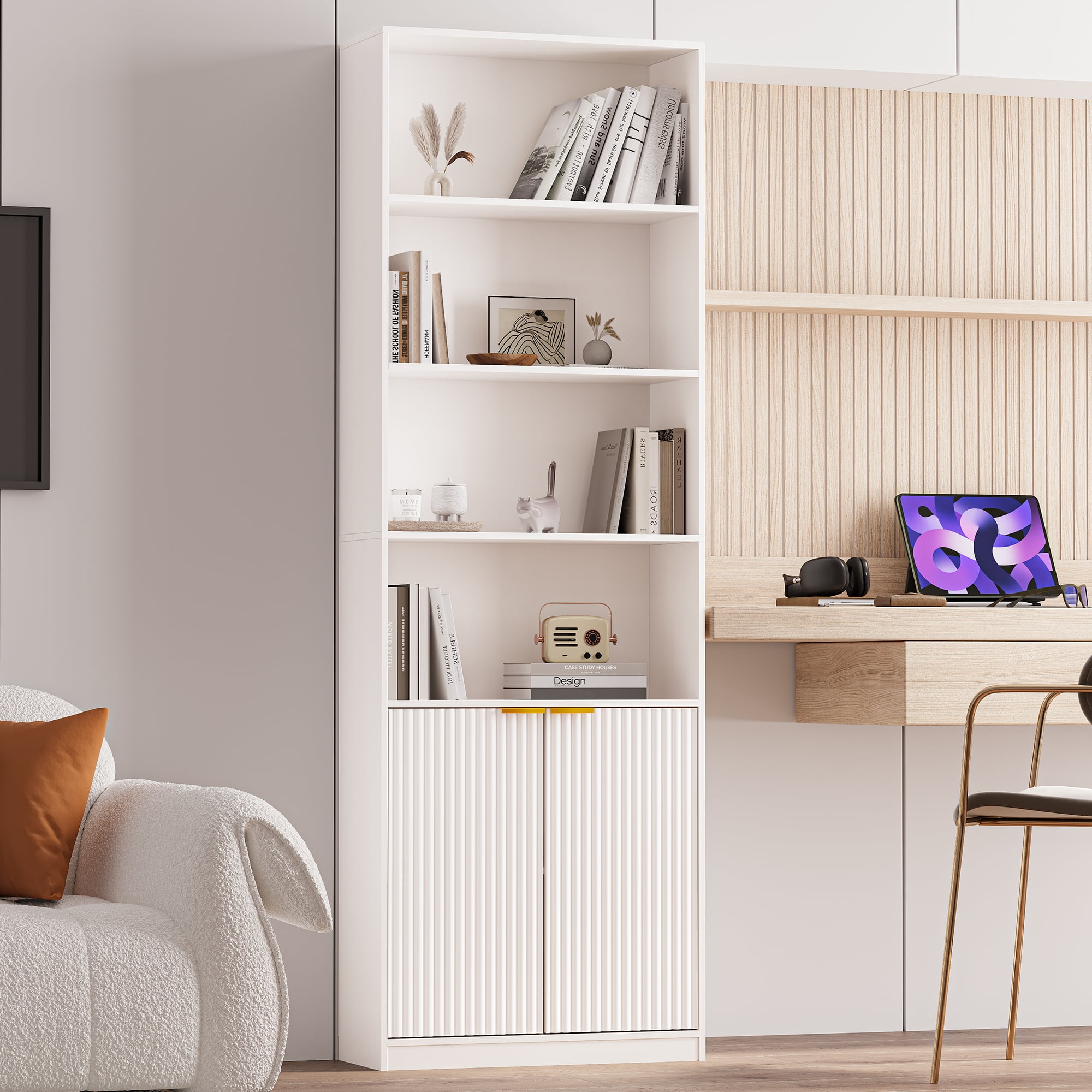 72" Tall Bookshelf with Fluted Doors, 6-Tier Modern Bookcase and ...