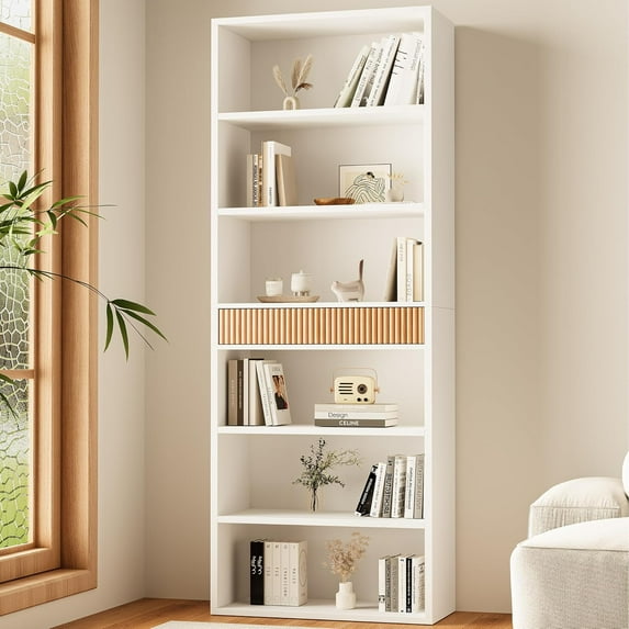 72" Tall Bookshelf with Storage, 7-Tier Bookcase Fluted with Drawer ...