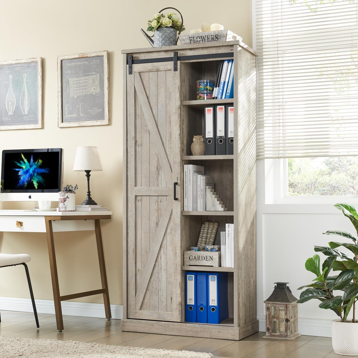 72” Tall Farmhouse Bookshelf, 32” Wide Large Wooden Bookcase w/ Sliding ...