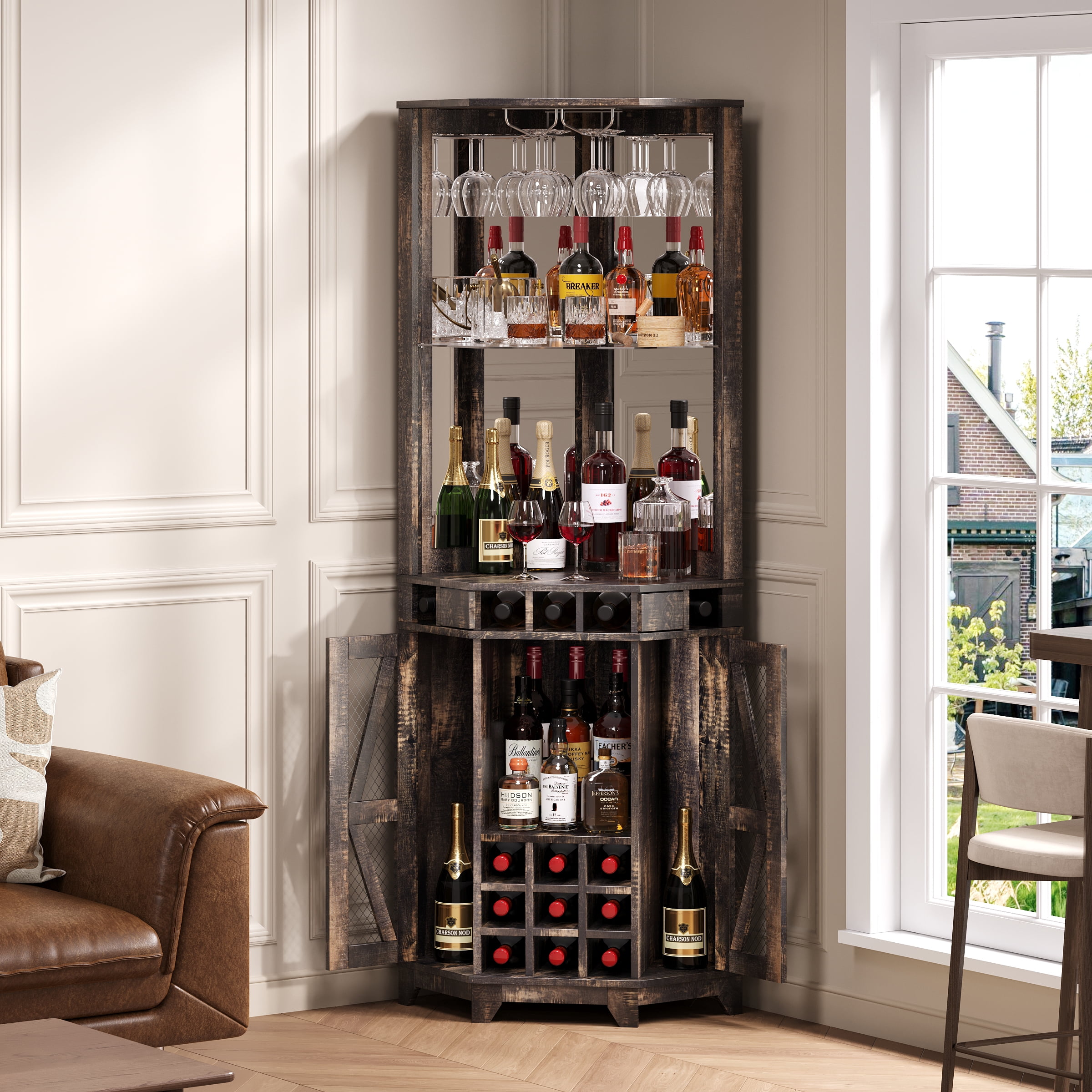 72" Tall Farmhouse Corner Bar Storage Cabinet, Barn Door, Acrylic ...
