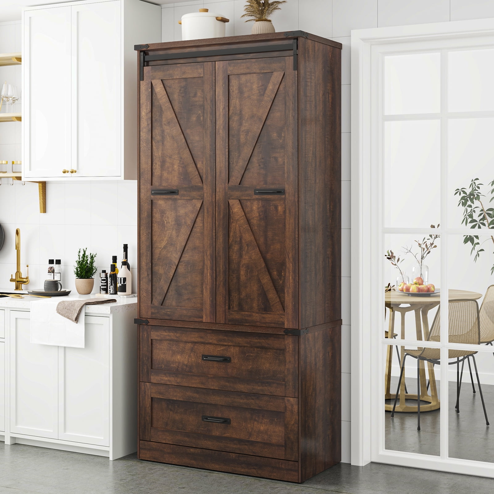 72''Tall Farmhouse Kitchen Pantry Cabinet, 3 Layers Storage Cabinet ...