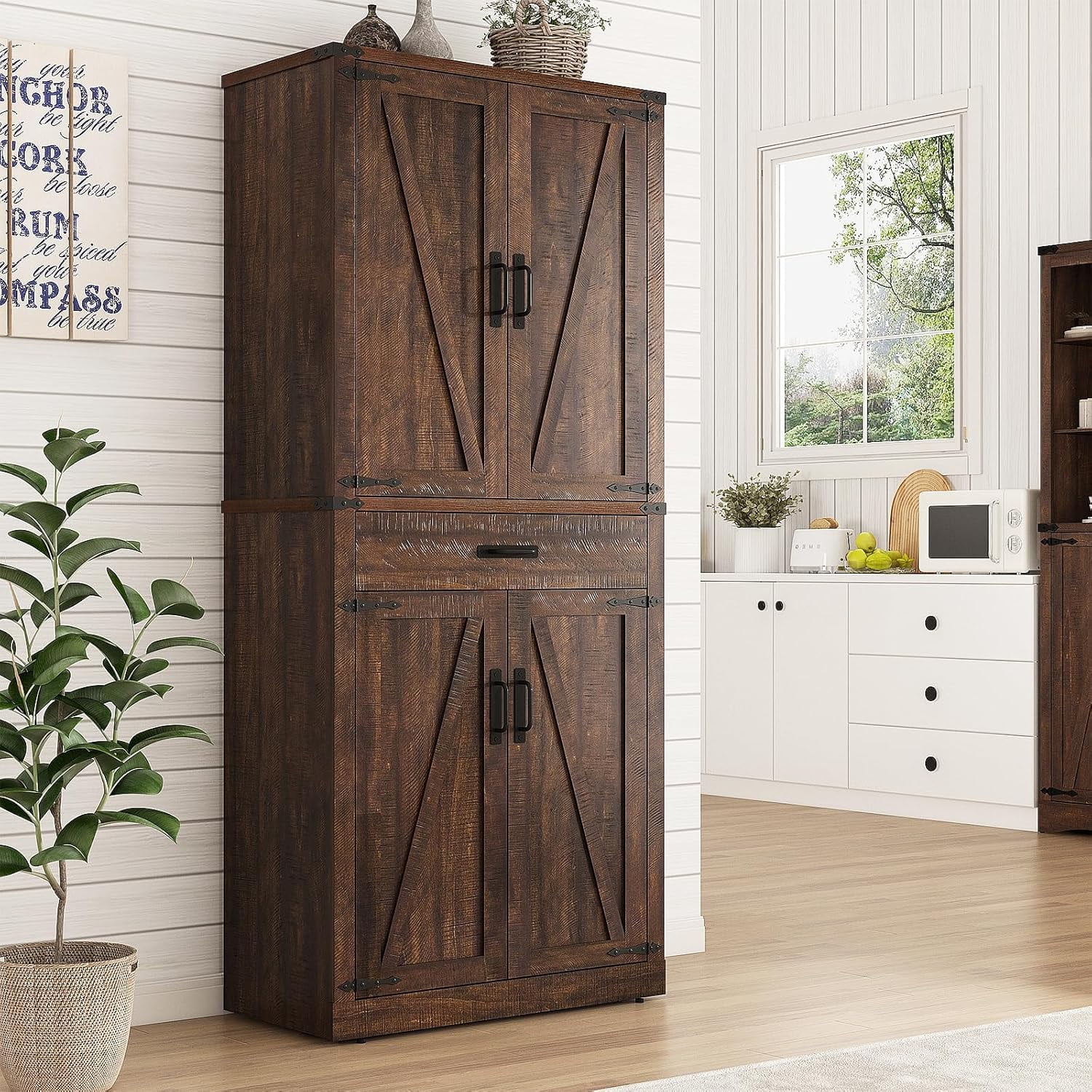 72" Tall Farmhouse Kitchen Pantry Cabinet with Drawer, Rustic Wood ...