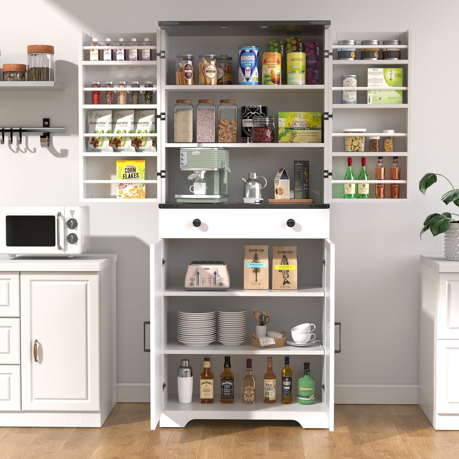 72" Tall Farmhouse Kitchen Pantry Cabinet, Large Storage Cabinet with 6 ...