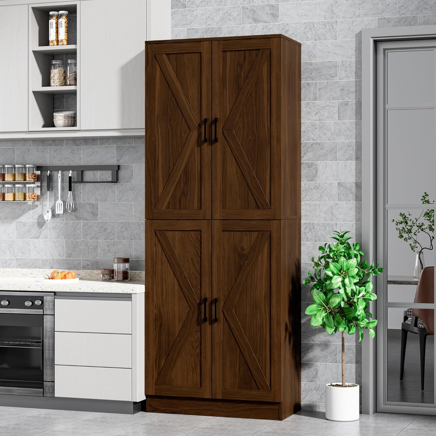 72" Tall Farmhouse Kitchen Pantry Cabinet, Wood Storage Cabinet with 4 ...