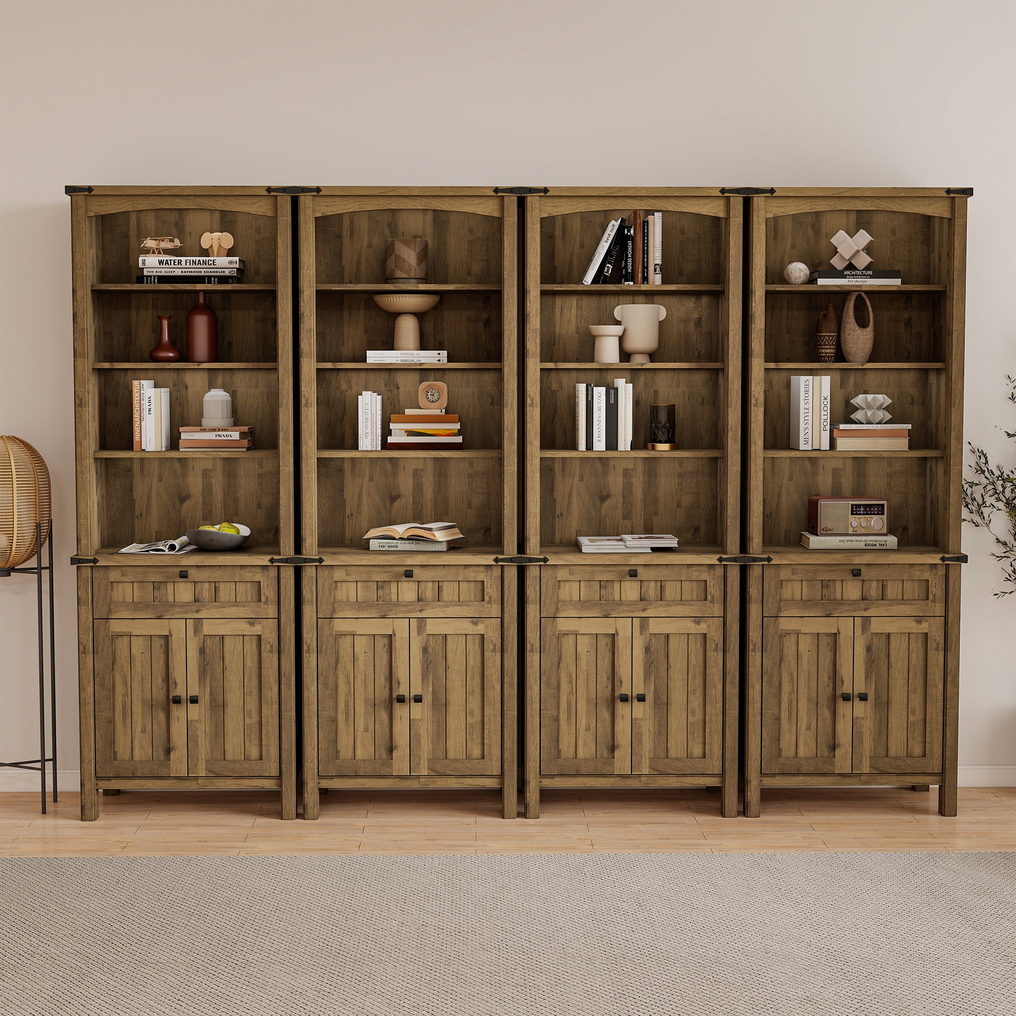 72" Tall Fluted Bookshelf, Farmhouse 4 Tier Bookcase with Drawer and ...