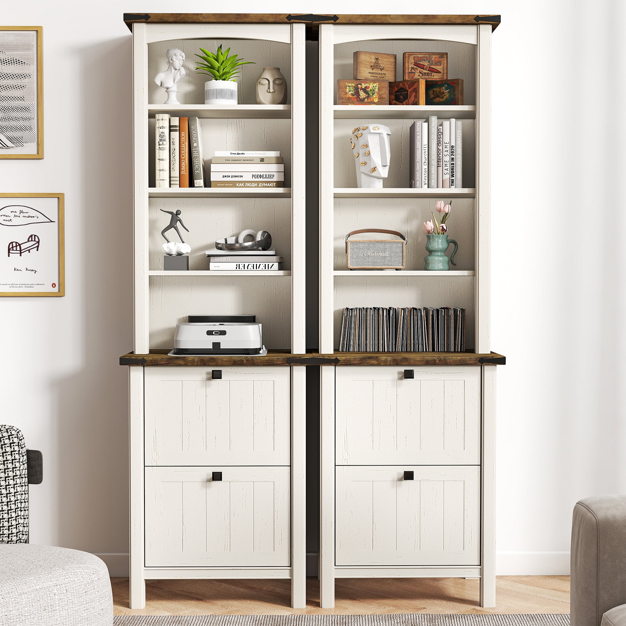 72" Tall Fluted Bookshelf with Storage, Farmhouse 4 Tier Bookcase with ...