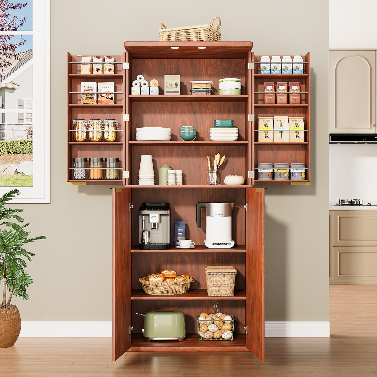 72" Tall Kitchen Pantry with 4-Tier Door Shelves, Modern Fluted Wood ...