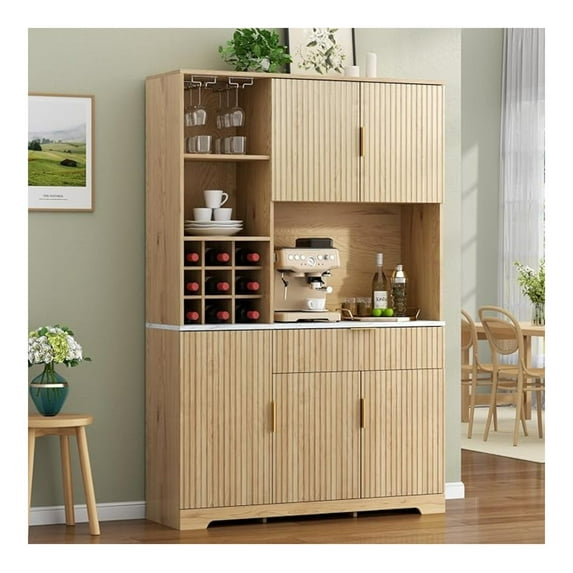 72” Tall Kitchen Pantry Cabinet, Fluted Storage Cabinet with Microwave ...