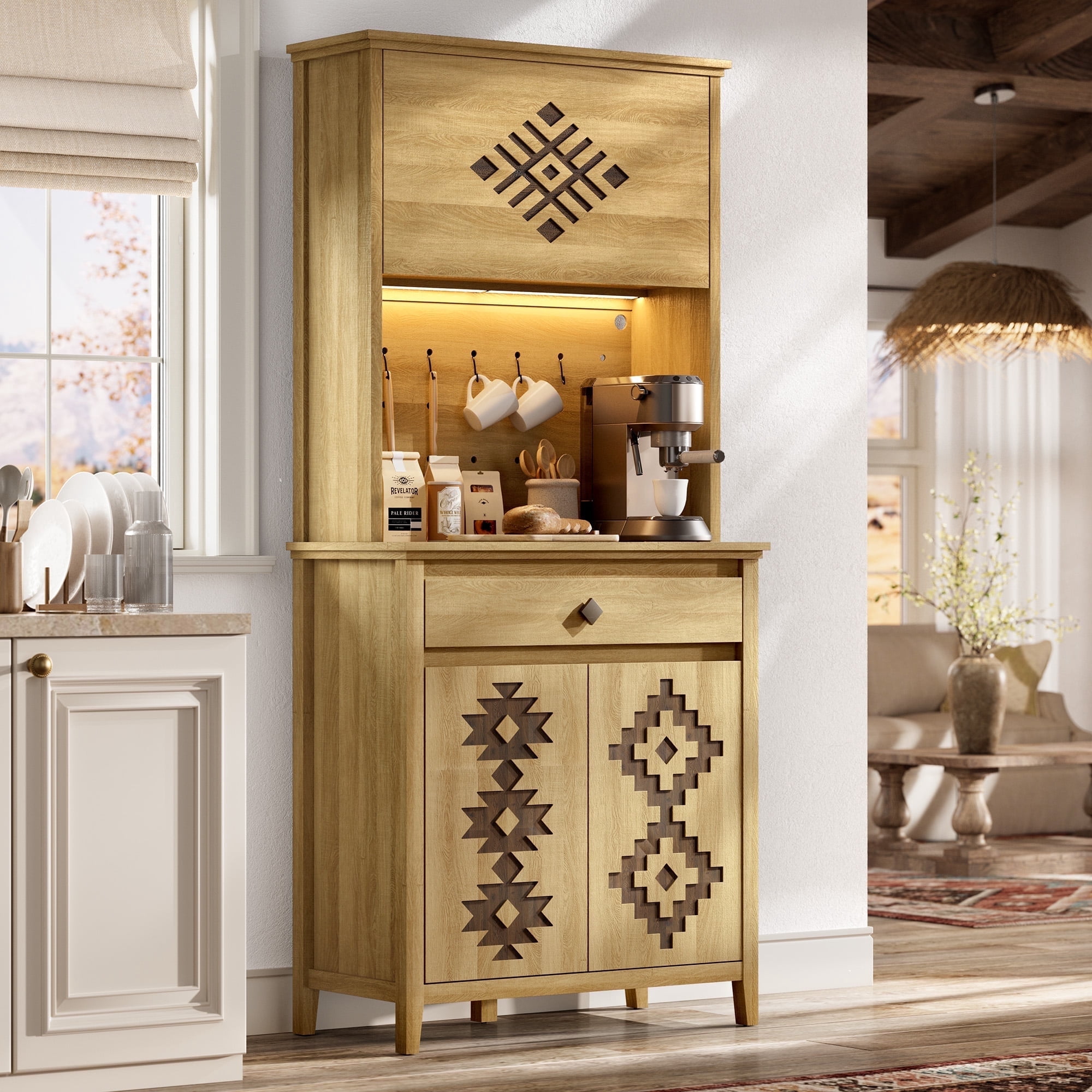 nesture. 72"Tall Kitchen Pantry Cabinet with LED Lights & Charging ...