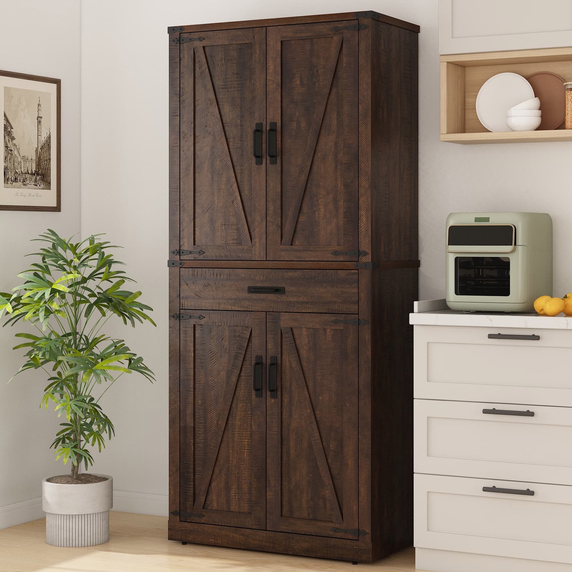 72" Tall Kitchen Pantry, Farmhouse Pantry Cabinet with 1 Drawer & 4 ...