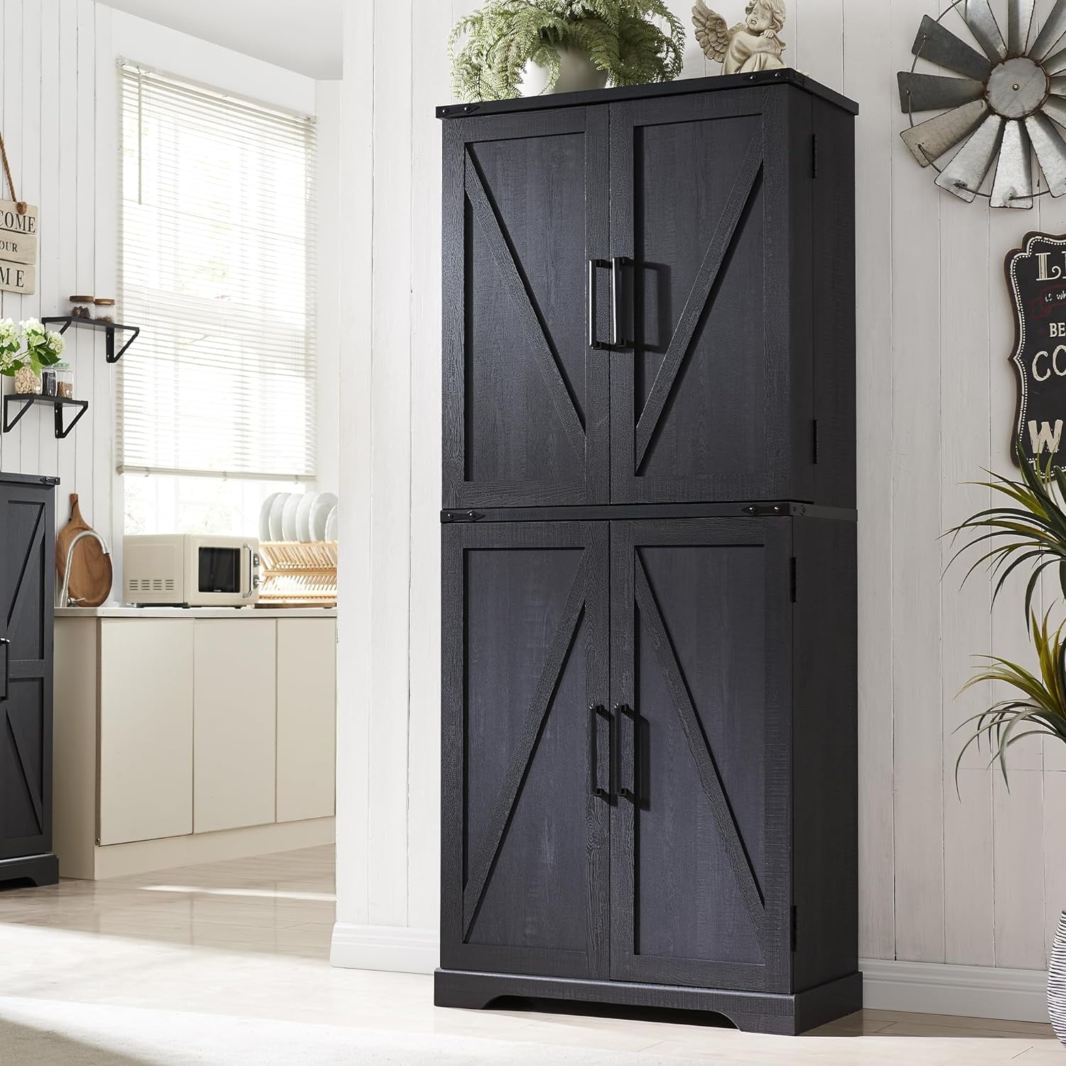 72" Tall Kitchen Pantry, Farmhouse Storage Cabinet with Barn Door ...