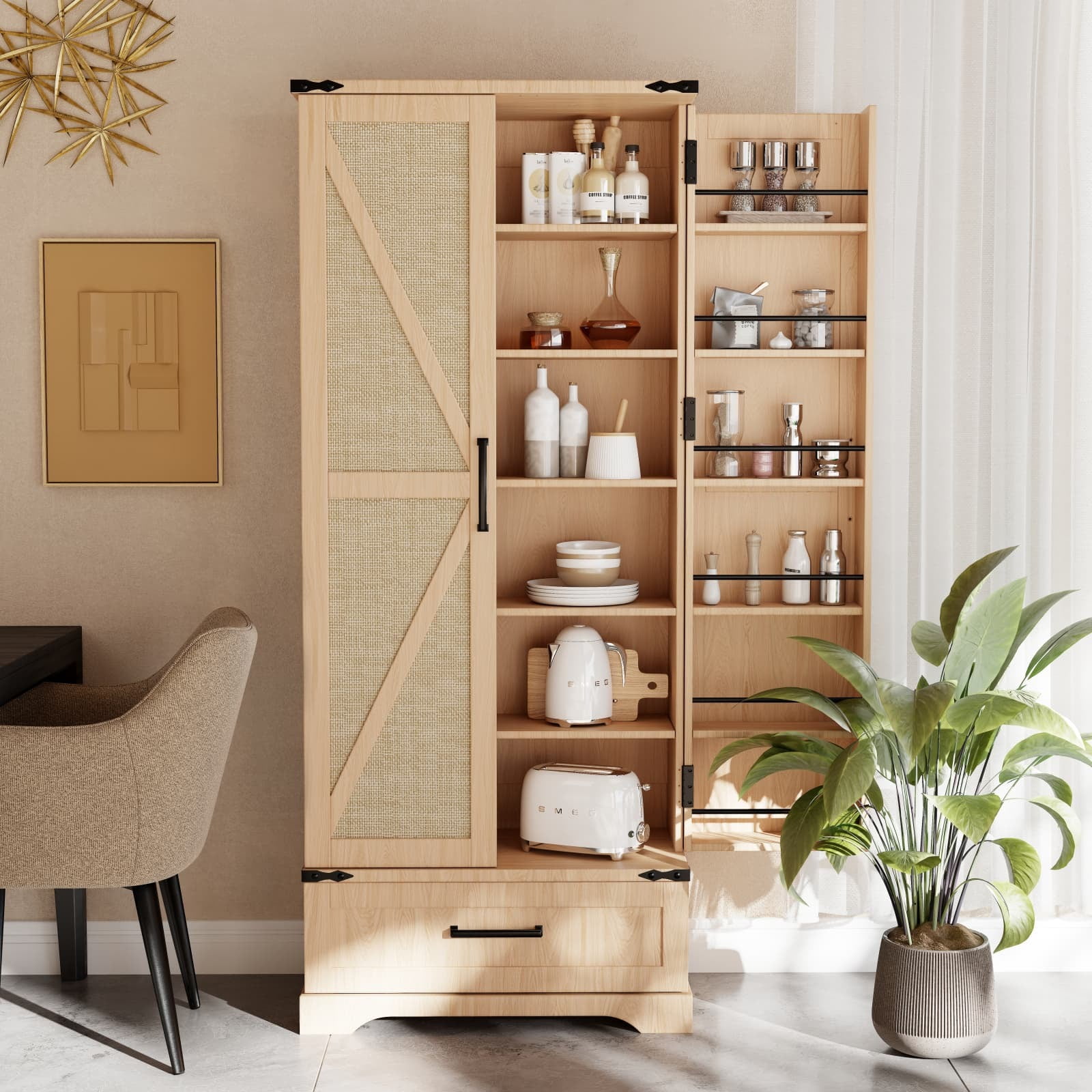 ACCOHOHO 72" Tall Kitchen Pantry Storage Cabinet, Boho Food Pantry with ...