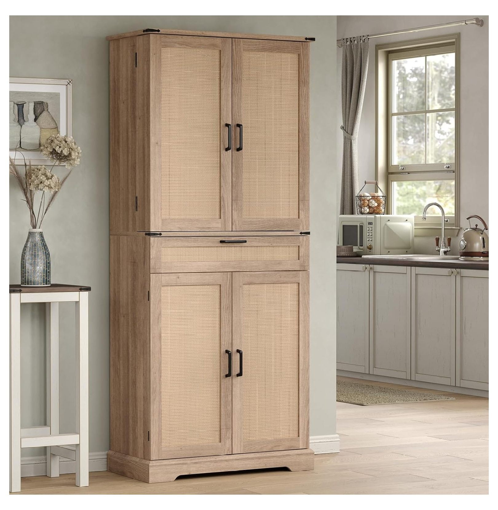 72'' Tall Kitchen Pantry, Storage Cabinet with Rattan Doors, 2 Cabinets ...