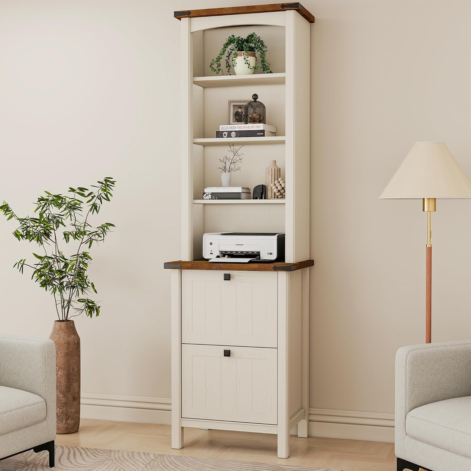 72'' Tall Narrow Fluted Bookshelf with Storage, Farmhouse 4 Tier ...