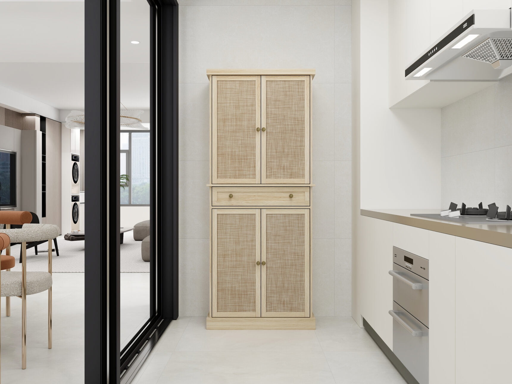 72" Tall Natural Rattan 4 Door Storage Cabinet, Farmhouse Accent ...