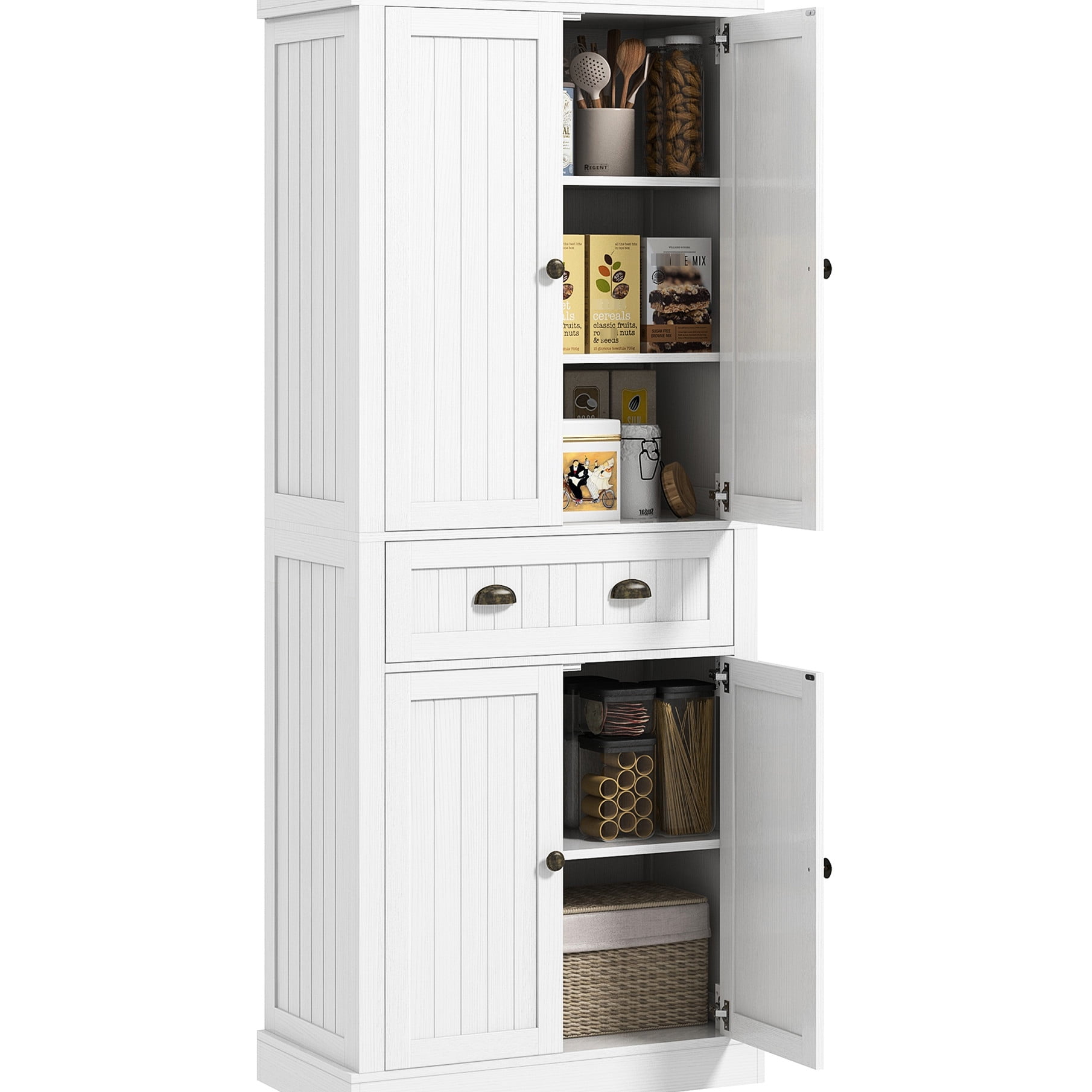72" Tall Pantry Cabinet, Distressed White Look, 4 Doors, 2 Adjustable ...