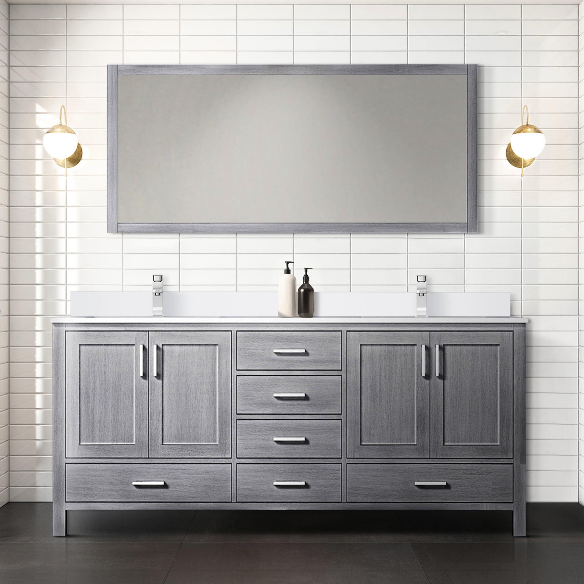 72" W X 22" D Distressed Grey Vanity With White Quartz Surface, Faucet ...
