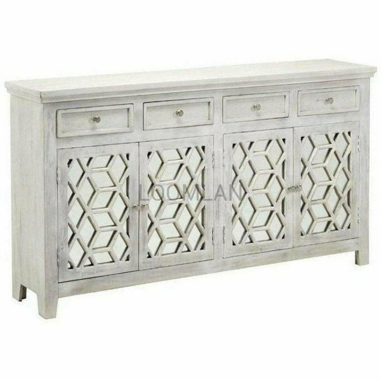 72 White Antiqued Mirror Sideboard with Drawers and Shelves