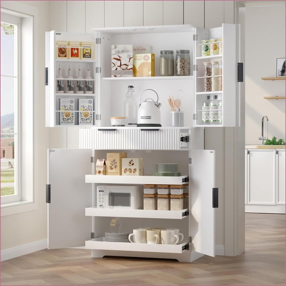 72” White Fluted Kitchen Pantry Cabinet | Freestanding with 3 Drawers ...