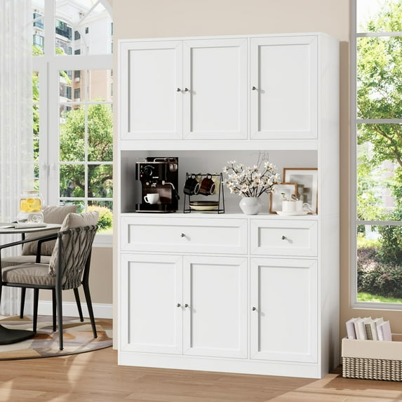 72" White Kitchen Hutch Cabinet, Pantry Storage with Microwave Stand ...