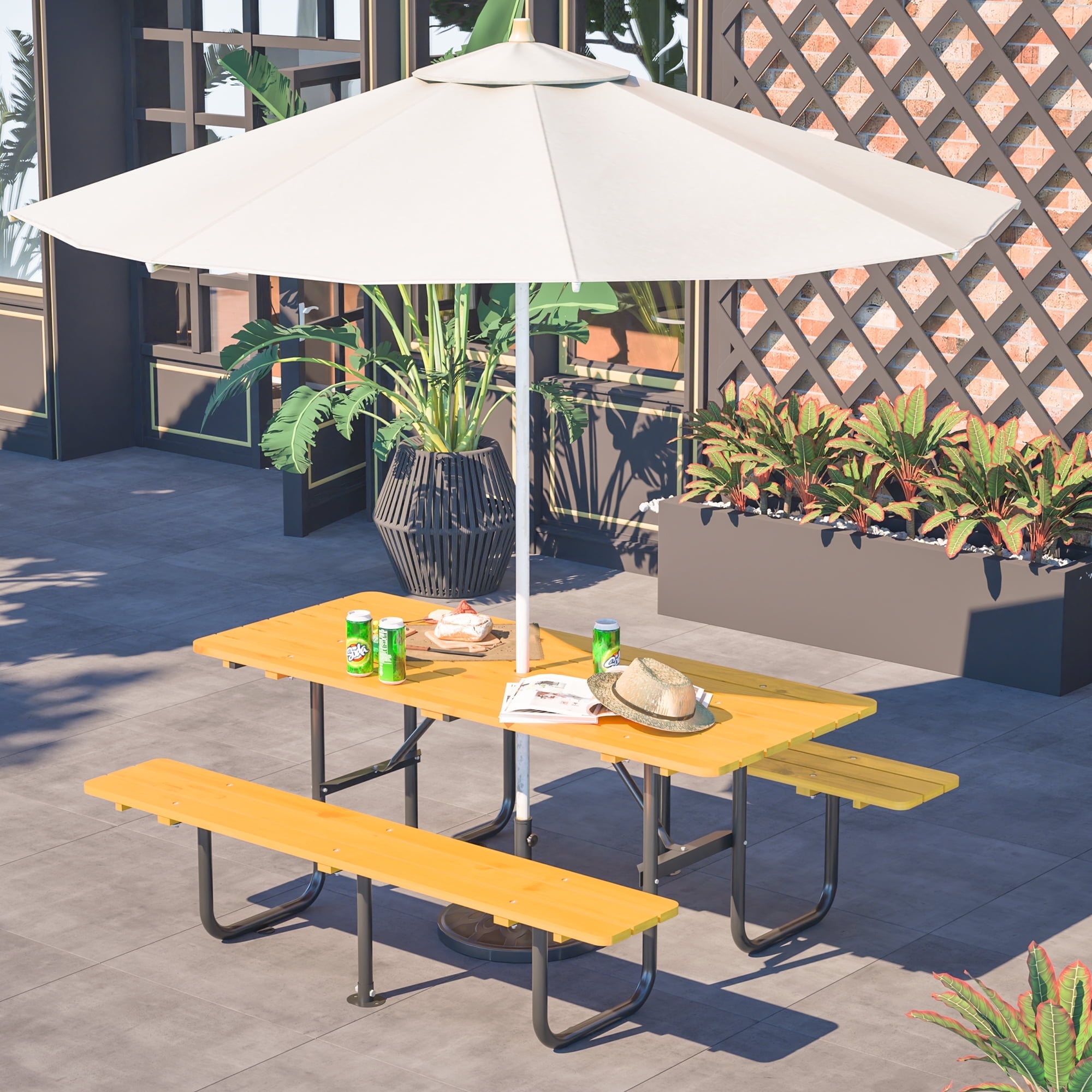 72" Wood Picnic Table w/Umbrella Hole for Outdoor, Rectangle Patio ...