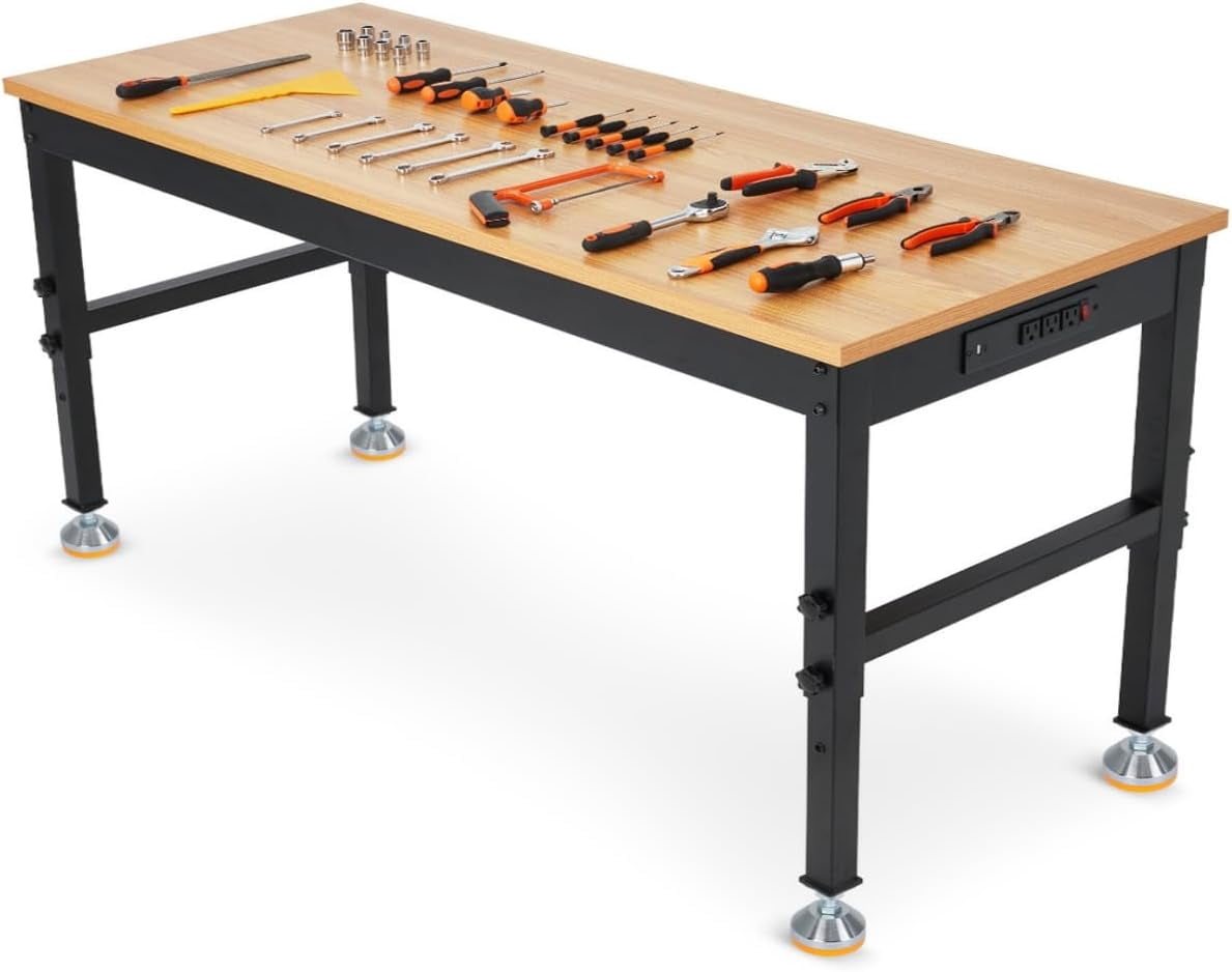 72 in Work Bench, Adjustable Height Workbench, Heavy Duty Rubberwood ...