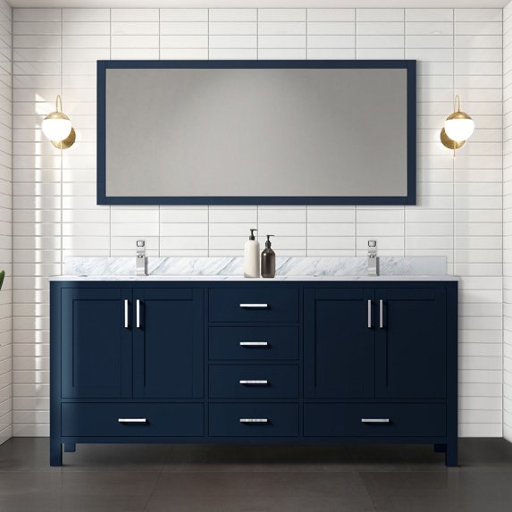 72 in. W Wood Double Vanity in Navy Blue, Carrara Marble Top / Faucet ...