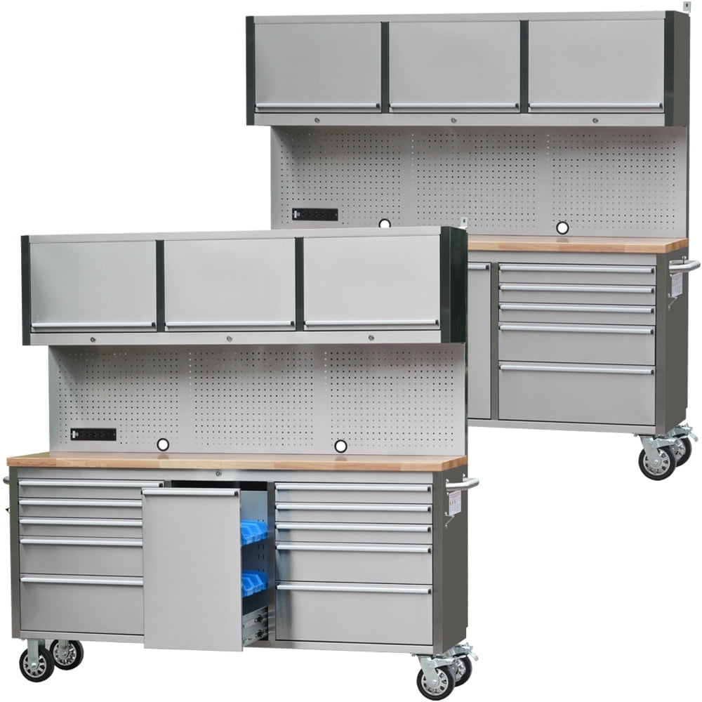 72 inch 11 Drawers Tool Chest with 3 Up Cabinet & Pegboard in Stainless ...