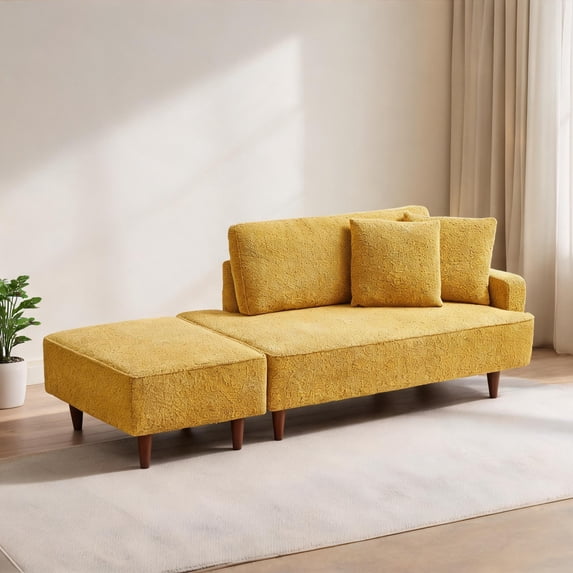72-inch Boucle Upholstered Chaise Lounge with Ottoman, 2 Throw Pillows ...