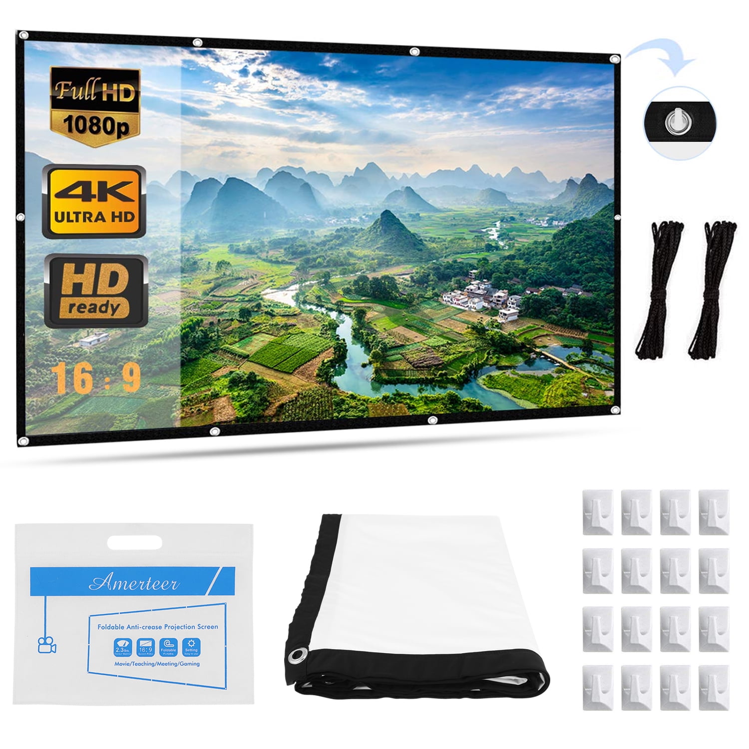 72 inch Projector Screen Portable 16:9 4K HD Outdoor Indoor Projector ...