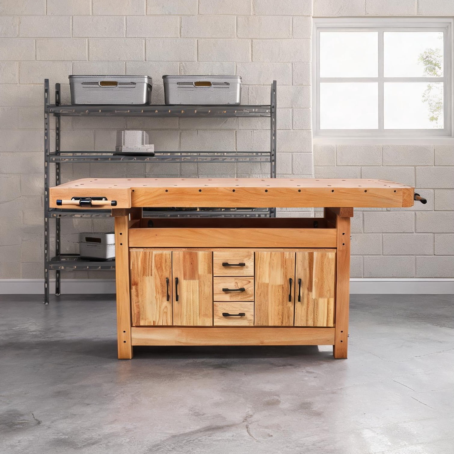 72-inch Solid Wood Workbench with Storage Cabinet, Integrated Vise, and ...